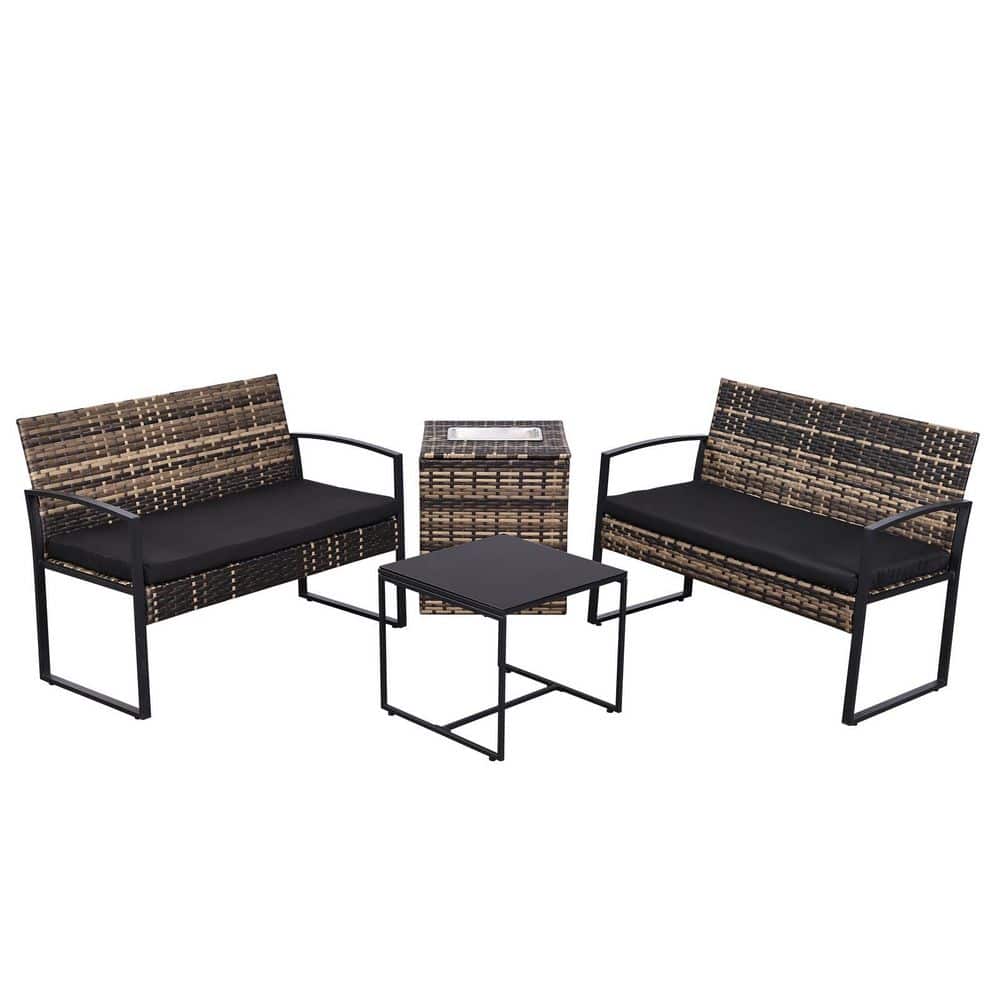 4-Piece Yellow Wicker Patio Conversation Set with Built-in Beverage Cooler Box and Coffee Table ...
