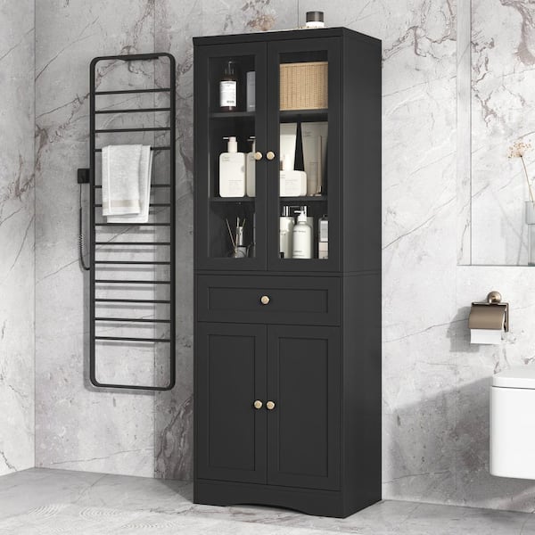 Tileon Modern 23.3 in. W x 14.5 in. D x 67 in. H Black Tall Bathroom Linen Cabinet with 4 Doors Open Shelve N725CABINET03