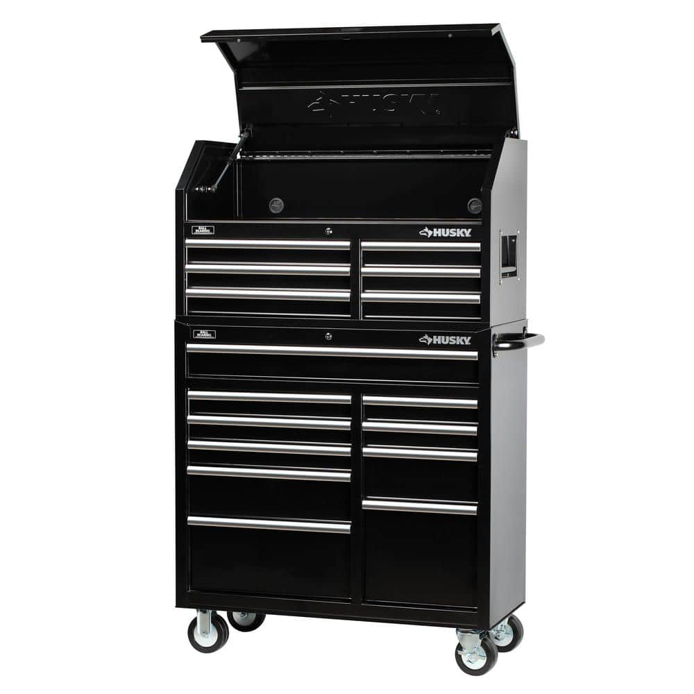 Husky 41 in. 16-Drawer Tool Chest and Rolling Tool Cabinet Set, Black ...