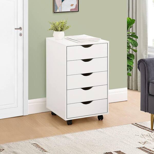 HOMESTOCK 5 Drawers White Wood Storage Dresser With Wheels Craft
