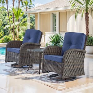 Bellefurn Rotavia 3-Piece Gray Wicker Patio Conversation Set with Olefin Blue Cushions Outdoor ...