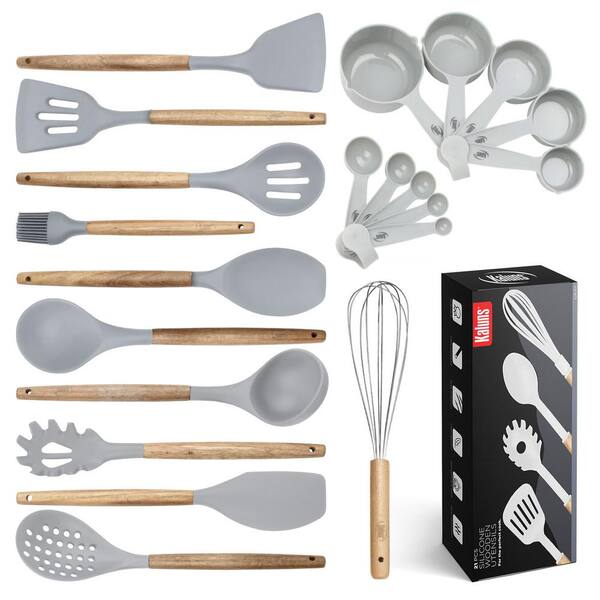Kaluns Gray Utensils Wood And Silicone Cooking Utensil Set (Set of 21 ...