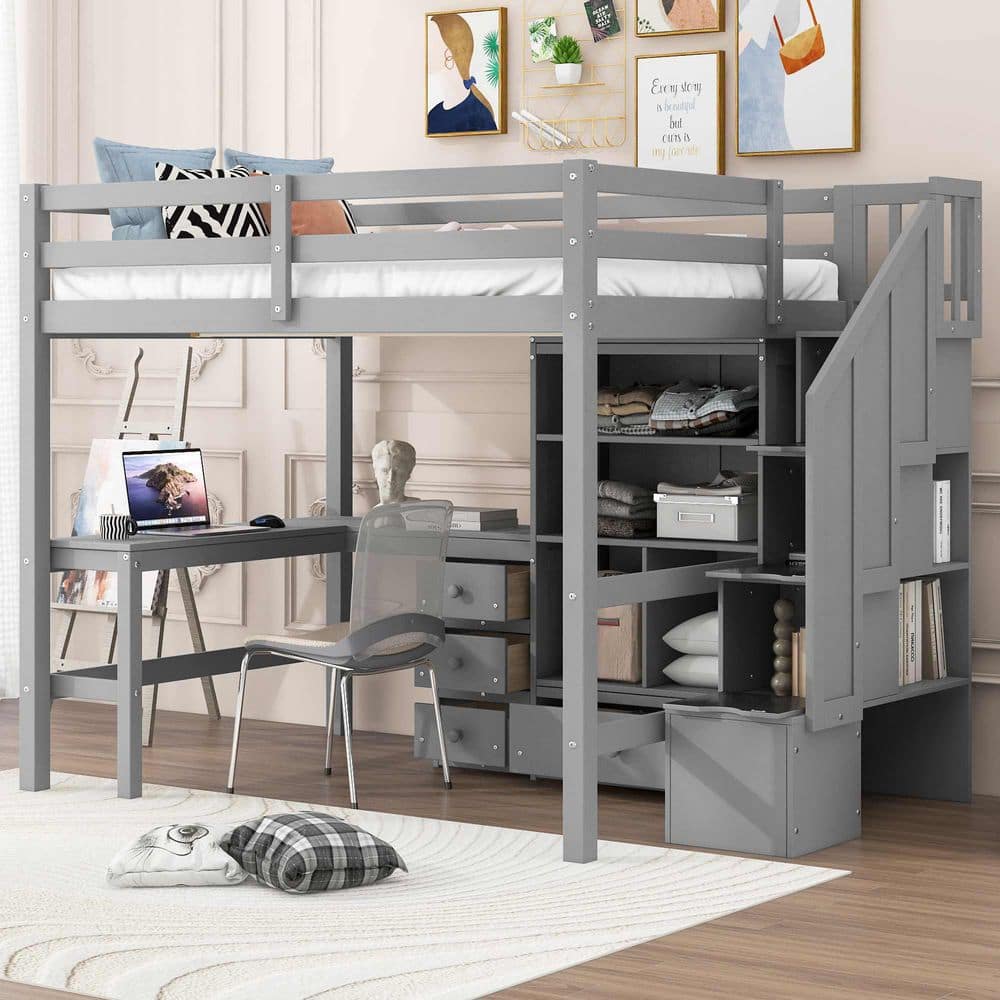 Polibi Gray Full Size Wood Loft Bed with L-Shaped Desk and Drawers, Cabinet and Storage ...