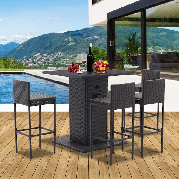 5-Piece PE Tattan Wicker Outdoor Living Room Bar Set, Steel Frame Patio ...