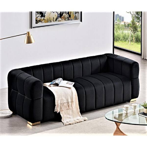 Carlan 226 in. Width Square Arm Style Velvet Fabric Rectangle Tuxedo Sofa in. Black