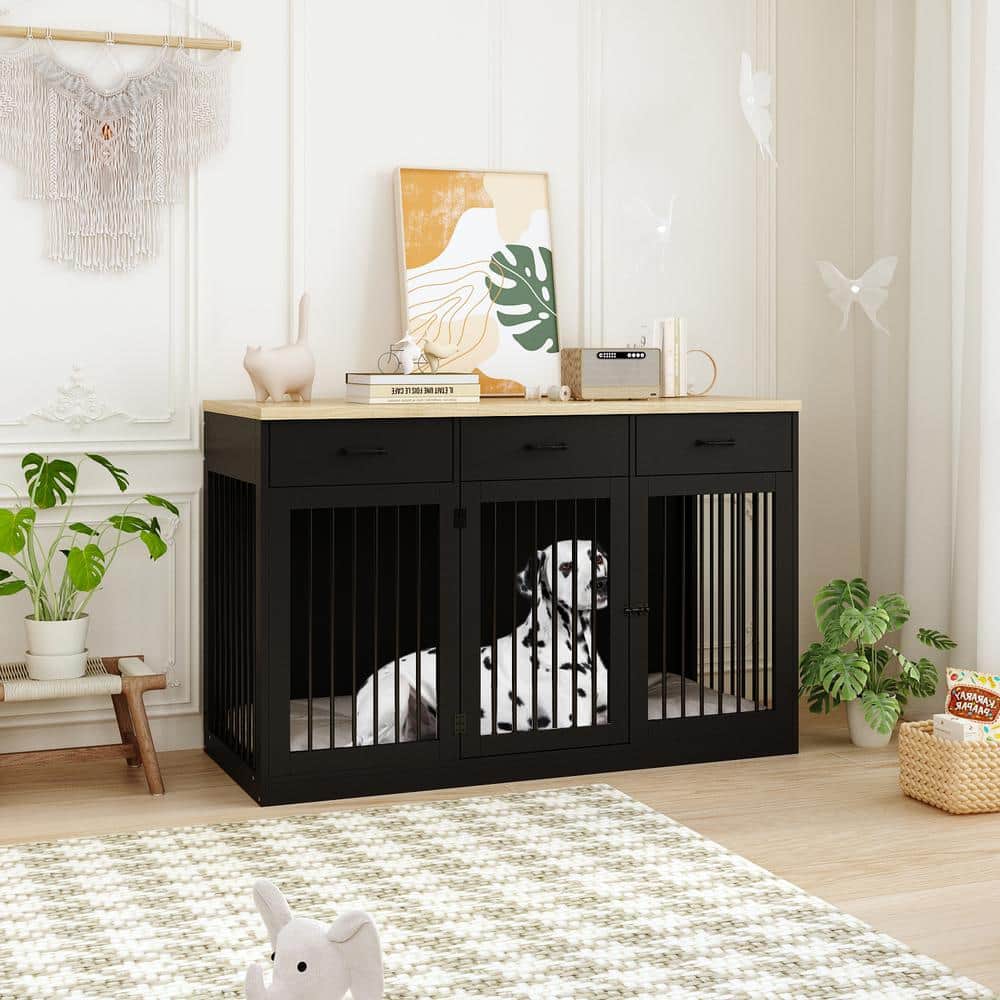 FUFU&GAGA Large Dog Cage Storage Cabinet, Dog House Furniture Style Dog Crate with 3-Drawers for ...