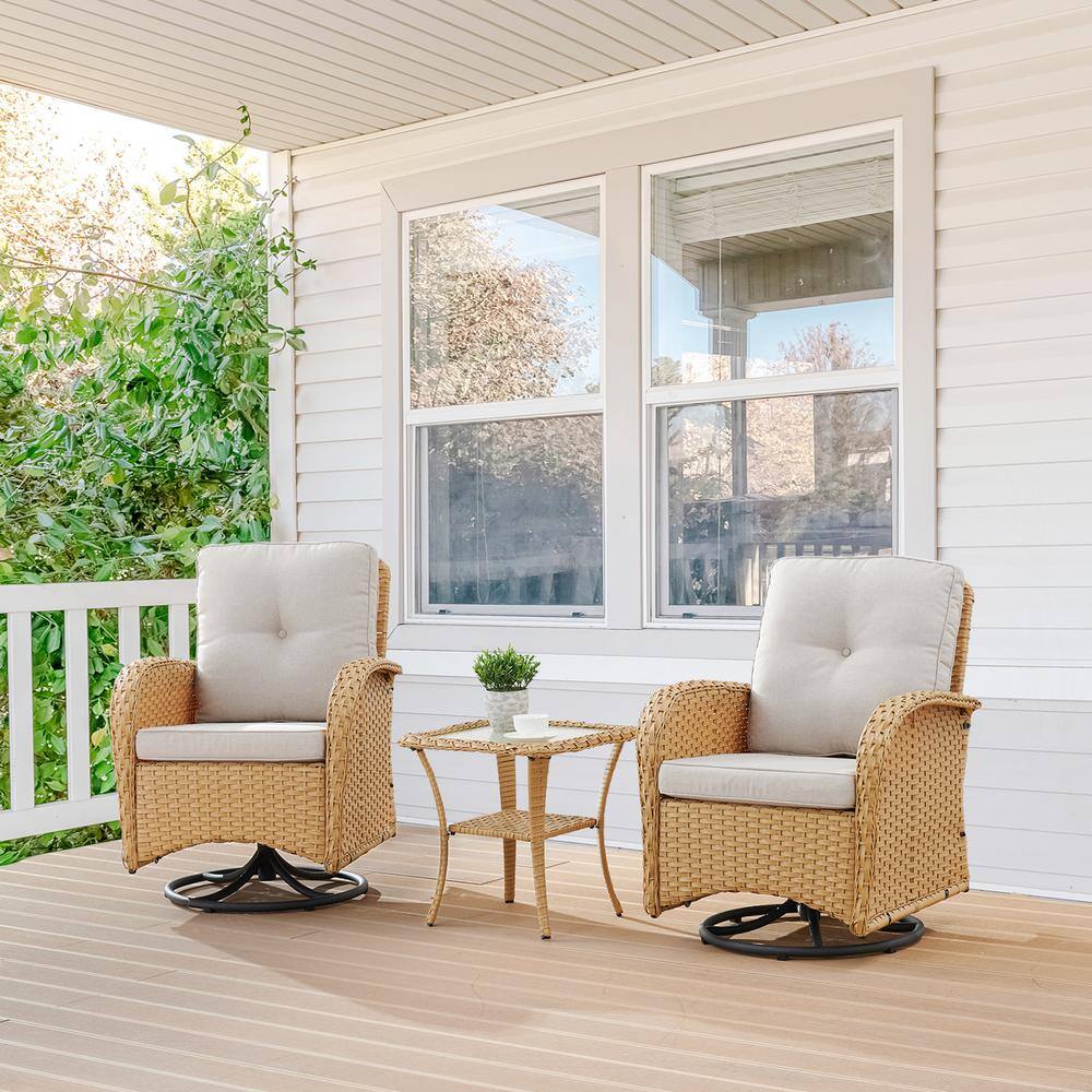 Opohoro PlainCurve 3-Piece Yellow Wicker Swivel Outdoor Rocking Chairs Patio Conversation Set ...