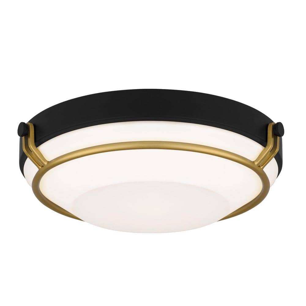 DSI LIGHTING 12 in. Matte Black and Gold Integrated LED Flush Mount with White Acrylic Shade ...