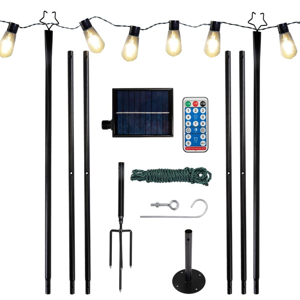 JAXPETY 8 ft. String Light Pole 25-Light Outdoor Solar Powered LED ...