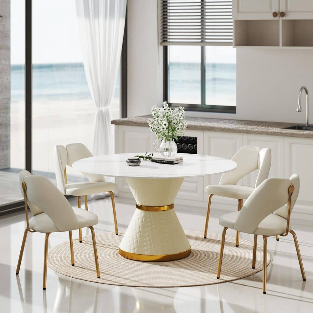 Magic Home 53 in. White Sintered Stone Round Top Pedestal White Metal ...