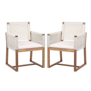 2-Piece Wood Outdoor Dining Chairs with Rope Design Back and White ...