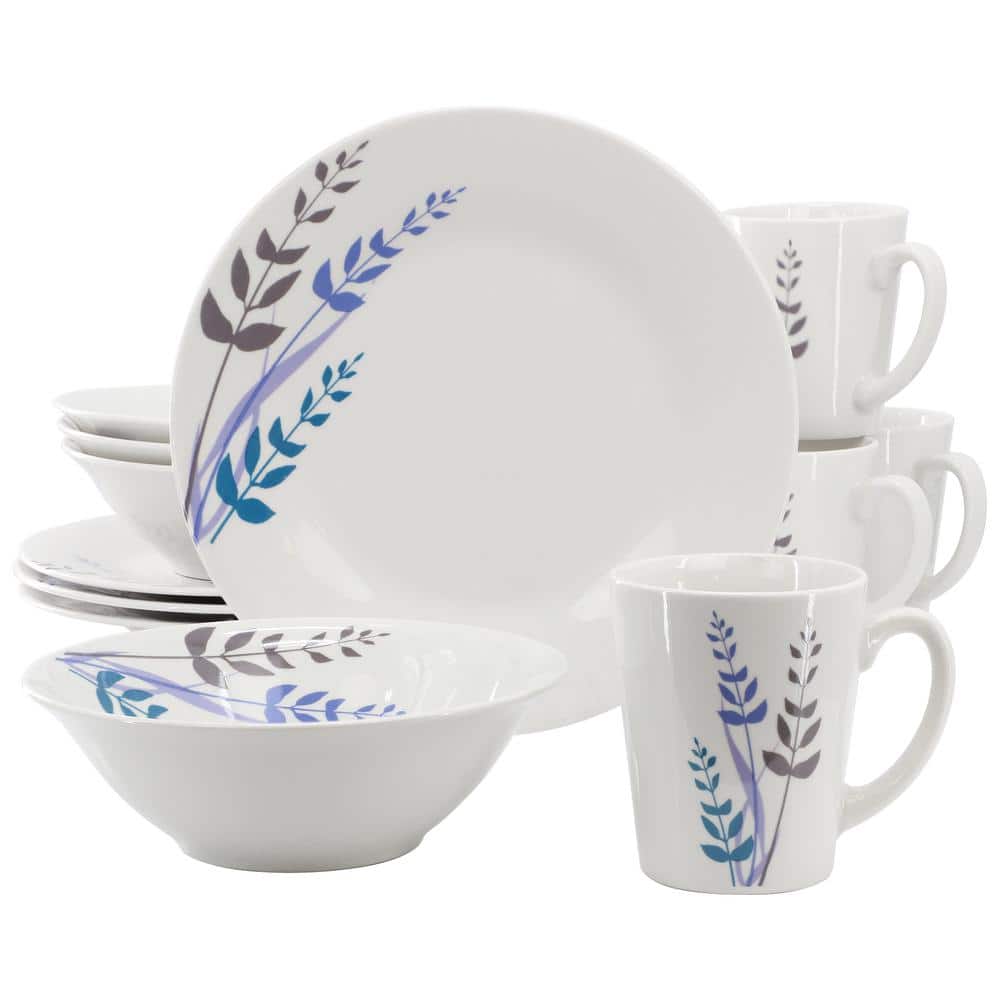 Gibson Home Blue Leaves 12-Piece Round Fine Ceramic Decorated ...