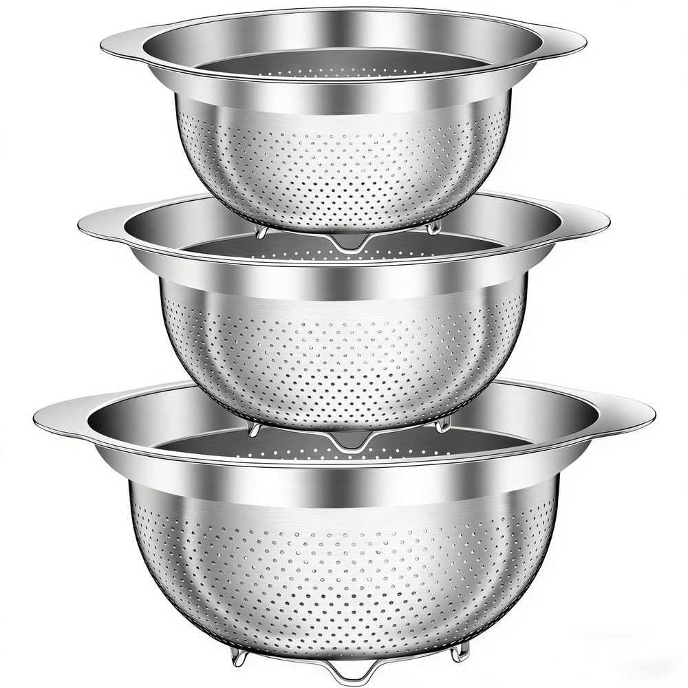 Wudkey Stainless Steel Colander for Kitchen (Set of 3), Pasta Strainer ...