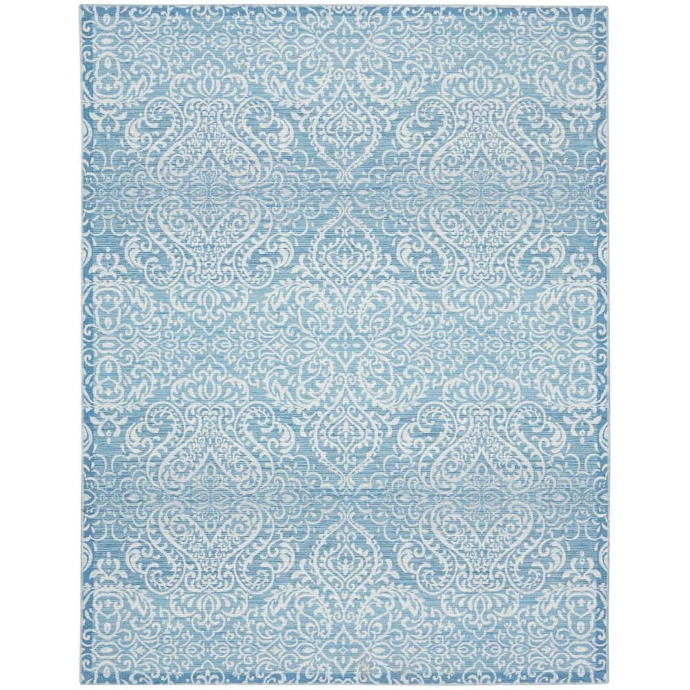 Waverly Washables Aqua 8 ft. x 10 ft. Damask Contemporary Machine ...