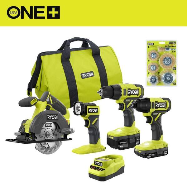 RYOBI ONE+ 18V Cordless 4-Tool Combo Kit with 1.5 Ah Battery, 4.0 Ah ...