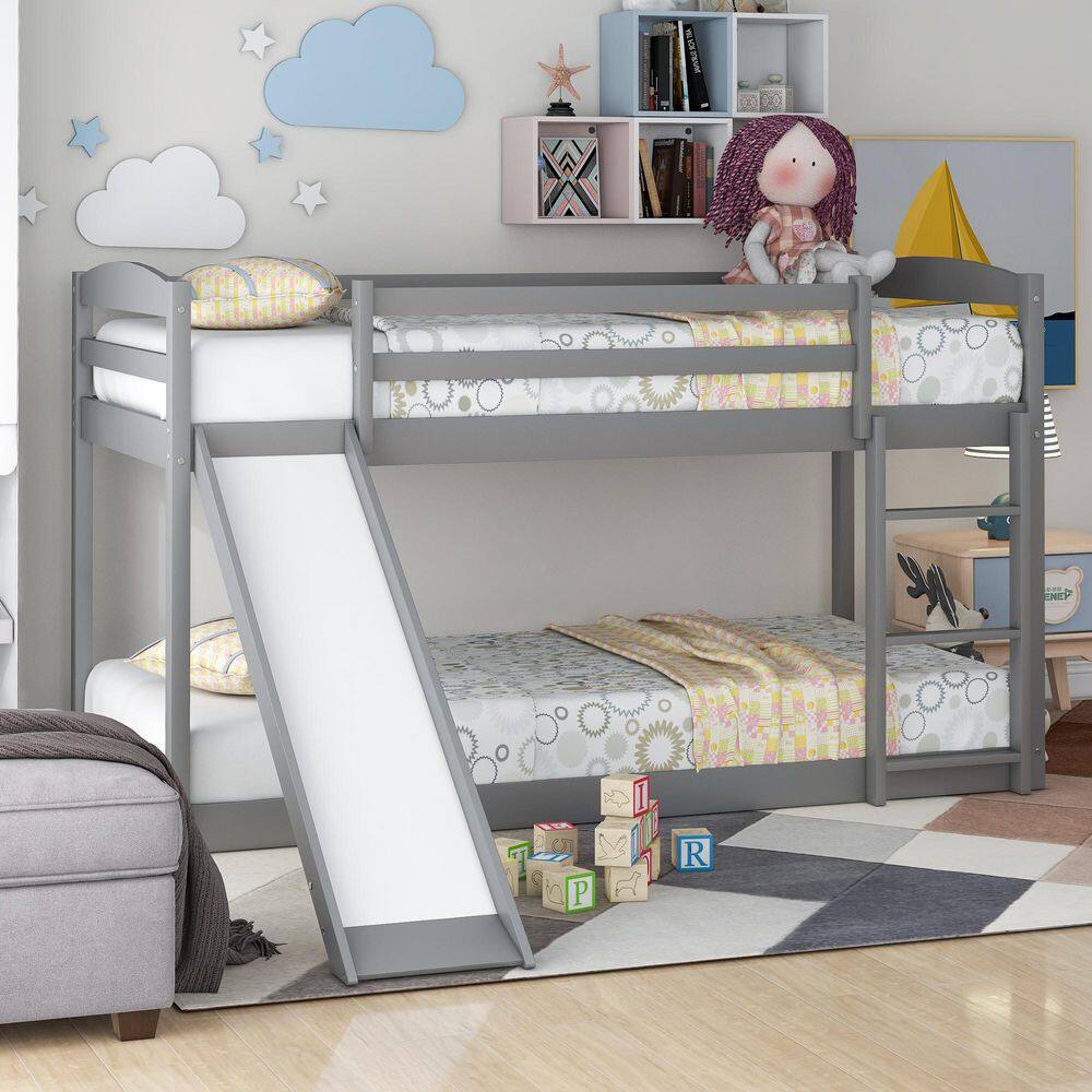 Qualler Gray Twin over Twin Bunk Bed with Convertible Slide and Ladder ...