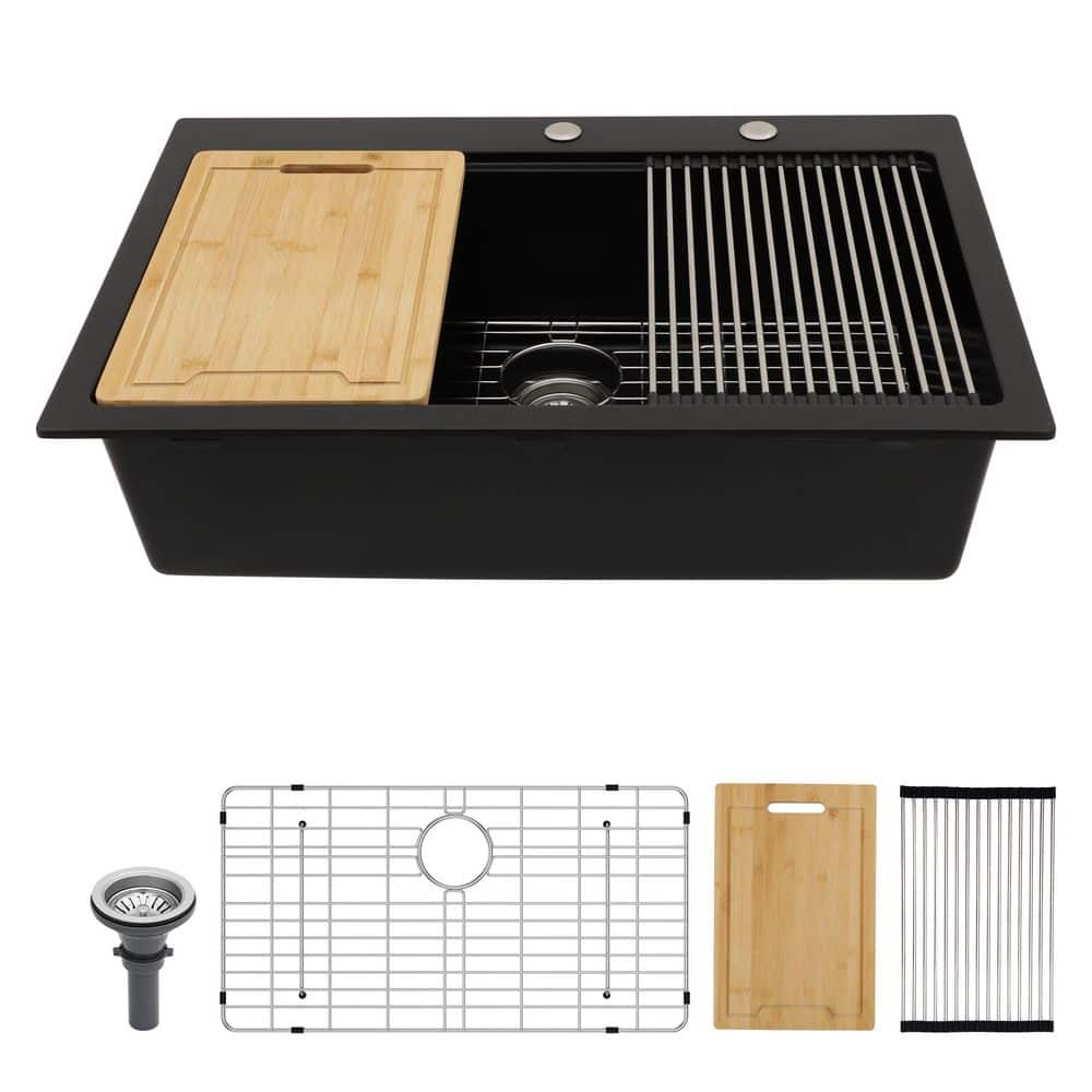 YSQCAR 33 in. Drop-in Single Bowl16 Gauge Black Stainless Steel Kitchen ...