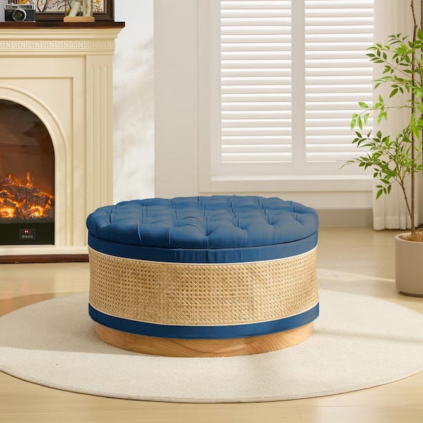 JEAREY Navy Linen Tufted Rattan Round Storage Ottoman for Bedroom and Living Room XGJD Navy The Home Depot