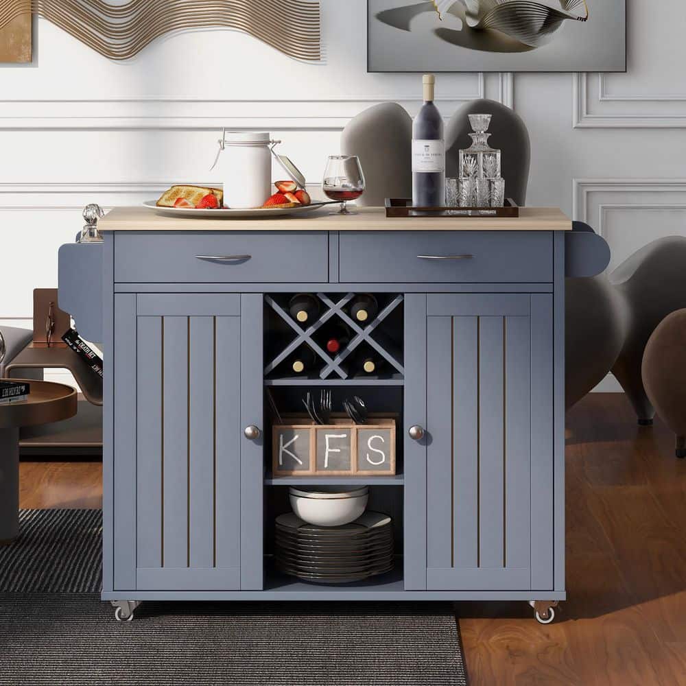 Blue Kitchen Island on 4-Wheels with 2-Storage Cabinets and Wine Rack ...