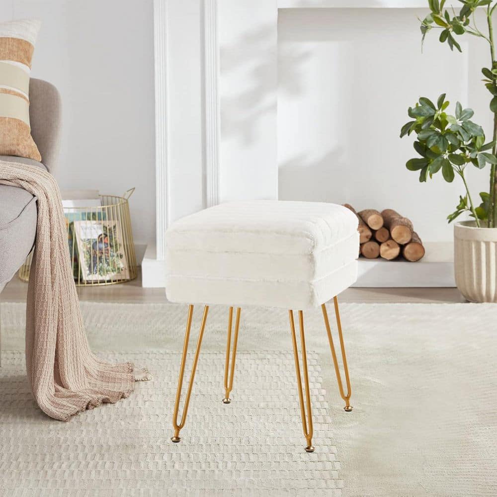 Lirago White Velvet Storage Vanity Stool for Makeup Room and Living ...