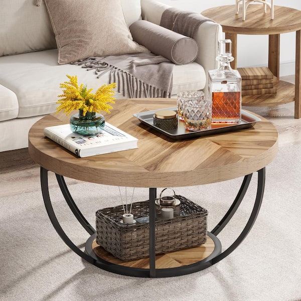 TRIBESIGNS WAY TO ORIGIN Inaayah 31.7 in. Wood Color Small Round MDF Coffee Table with Storage Modern Industrial Center Table for Living Room