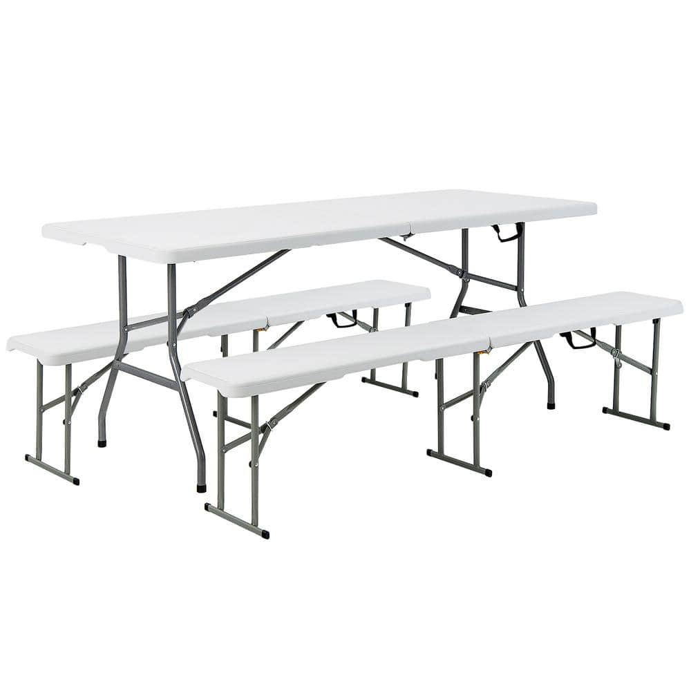 Costway Rectangle Metal Outdoor Picnic Table Set Folding Long Table ...