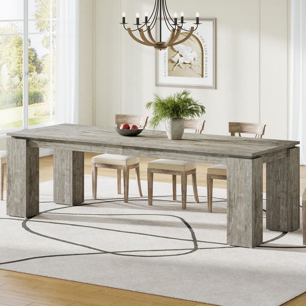 BYBLIGHT Roesler Farmhouse Gray Engineered Wood 86.6 in. 4 Legs Rectangle Dining Table Seats-8 ...