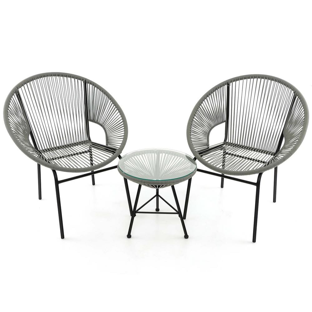 3 Pieces Patio Acapulco Furniture Bistro Set with Glass Table Gray Costway