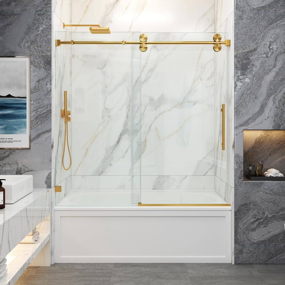 MCOCOD 60 in. W x 60 in. H Single Sliding Frameless Tub Door in Brushed Gold with Smooth Sliding ...