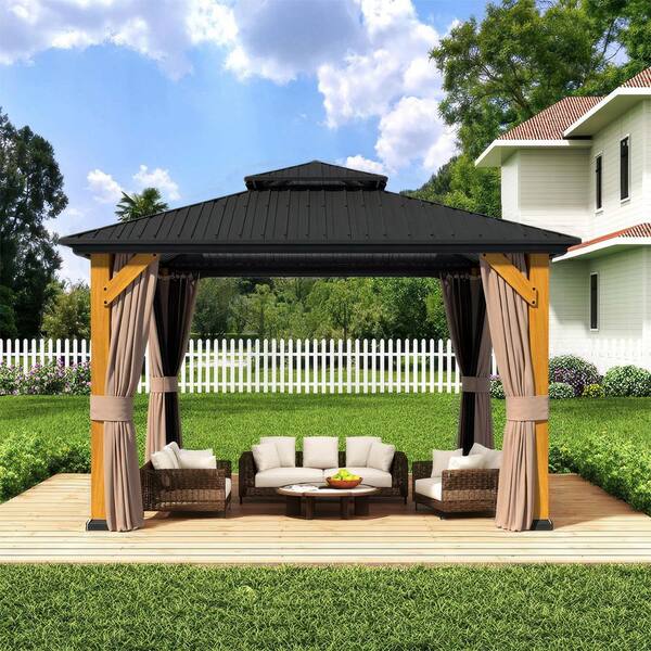Clihome 12 ft. x 12 ft. Cedar Wood Frame Hardtop Gazebo with Curtains ...