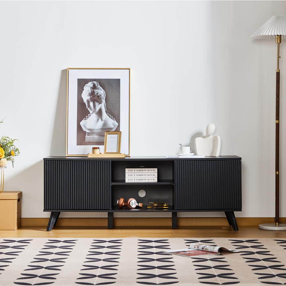 ATHMILE Black Wooden 58 in. TV Stand With Storage For TV Up To 65 in ...