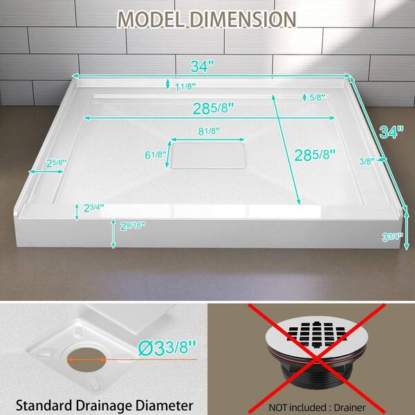 60x36 Shower Pan 34x34 Inch Acrylic Shower Pan - Anti-Slip Surface With ...