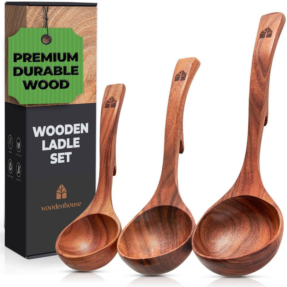 Teak Finish Wooden Ladle Spoon Set - 3 Sizes with Back Hooks, Non-Stick ...