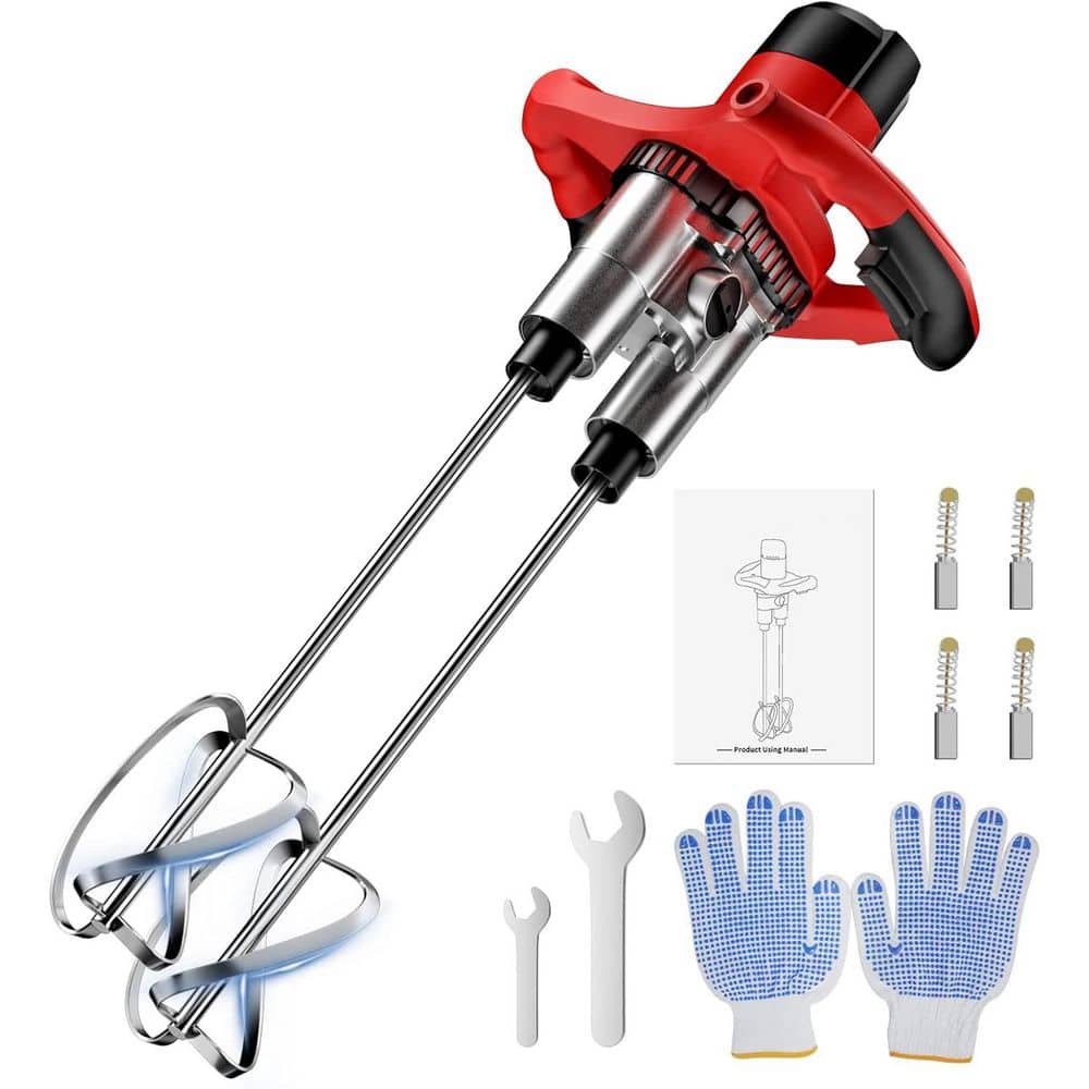 KIWDZFU 2300-Watts Double-Paddle Electric Cement Concrete Mud Mixer with 6 Speeds and Double ...