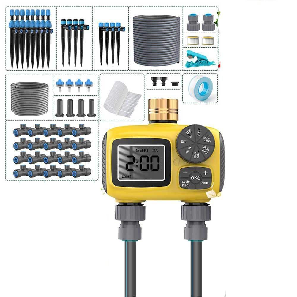 Oyezvary 150 ft. Drip Irrigation Kit with 2-Zone Timer, Anti-Leak Quick ...