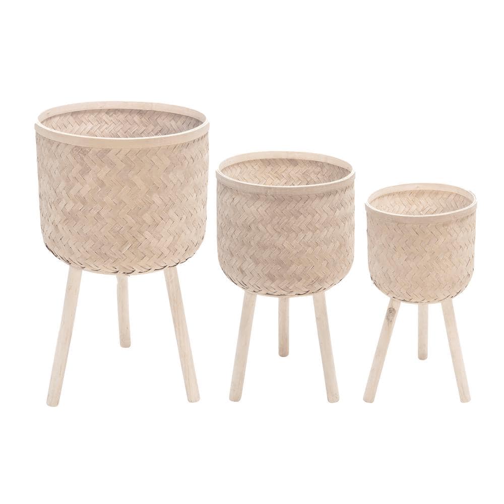 Liv & Skye 15 in. 13 in. and 11 in. White Bamboo Footed Planter Pot ...