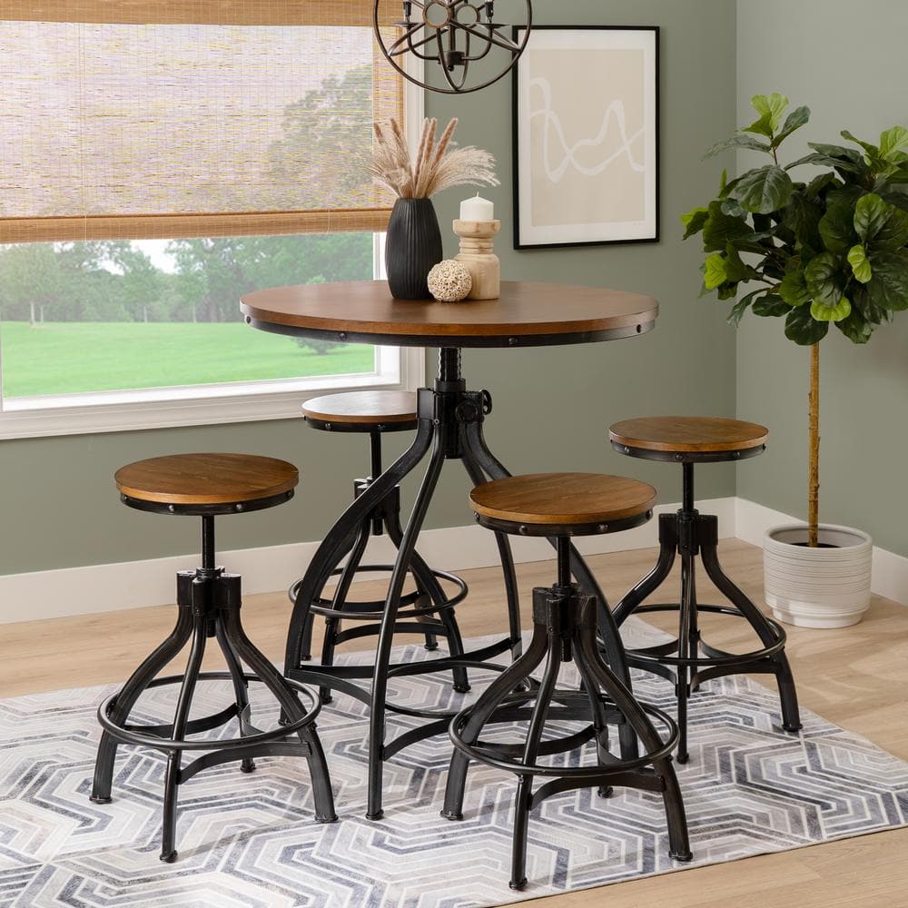 Linon Home Decor Harlan 5-Piece Round Brown Wood Top Metal Dining Bar ...