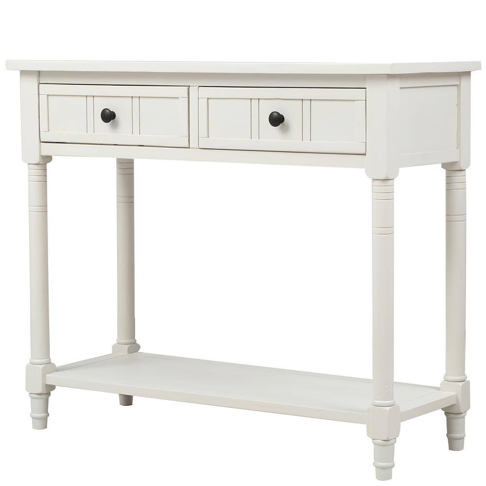 Polibi 35.43 in. Ivory Rectangle Wood Console Table with Two Drawers ...