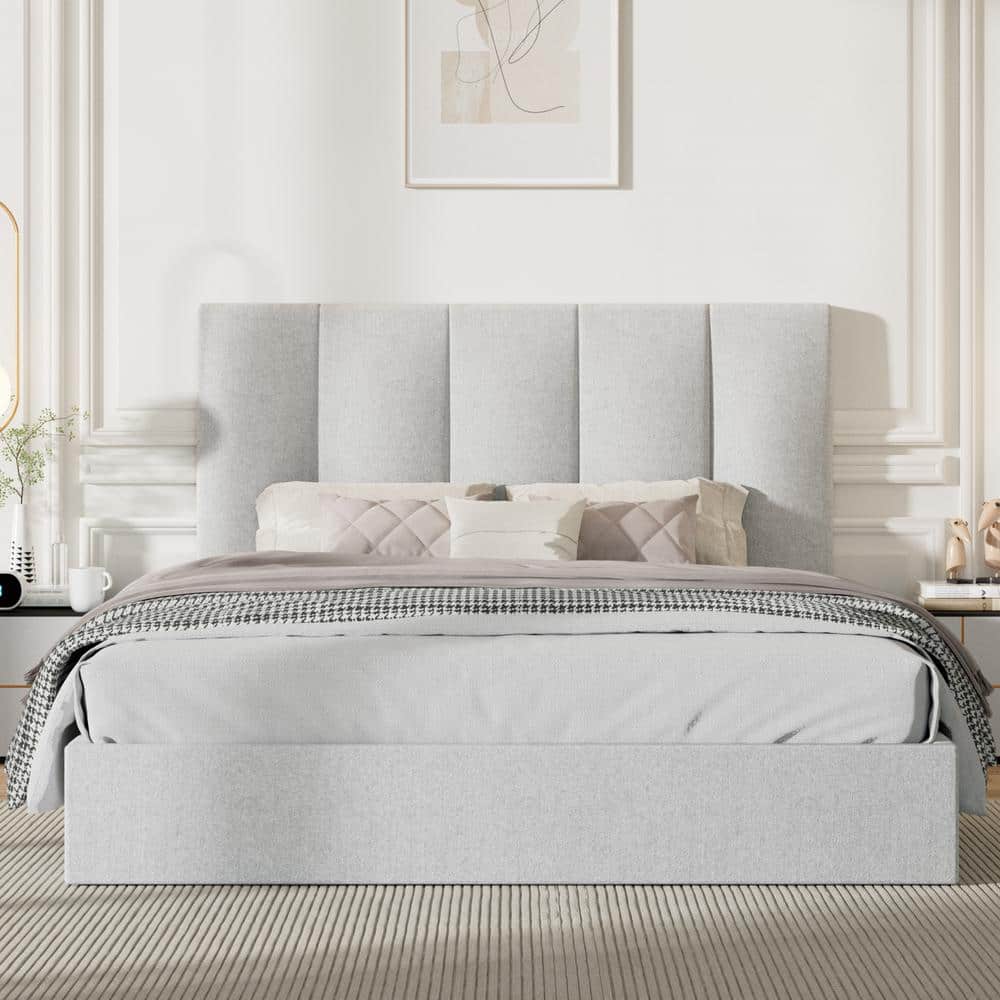 Ahokua Light Grey Plywood Frame King Size Linen Upholstered Platform ...