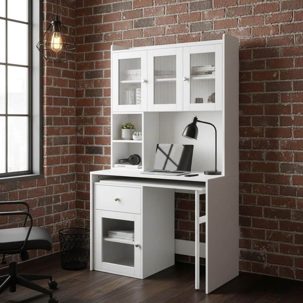 Homy Casa POKA 39.30 in. Pearl White 3-Drawer Computer Desk with ...