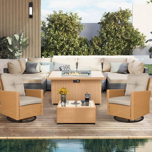 UPHA 10-Piece Yellow Wicker Patio Fire Pit Conversation Set with Swivel ...