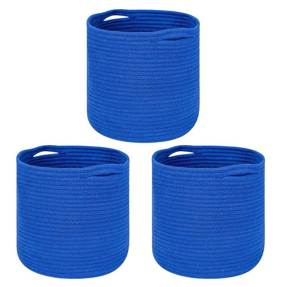 Blue 11 in. x 11 in. Cotton Decorative Basket (Set of 3) with Built-in ...