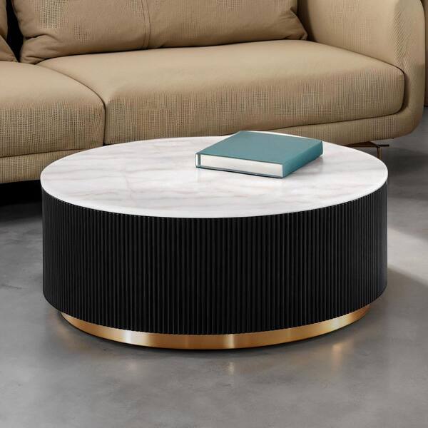Furniture of America Keith 35 in. Black and White Round Marble Top ...