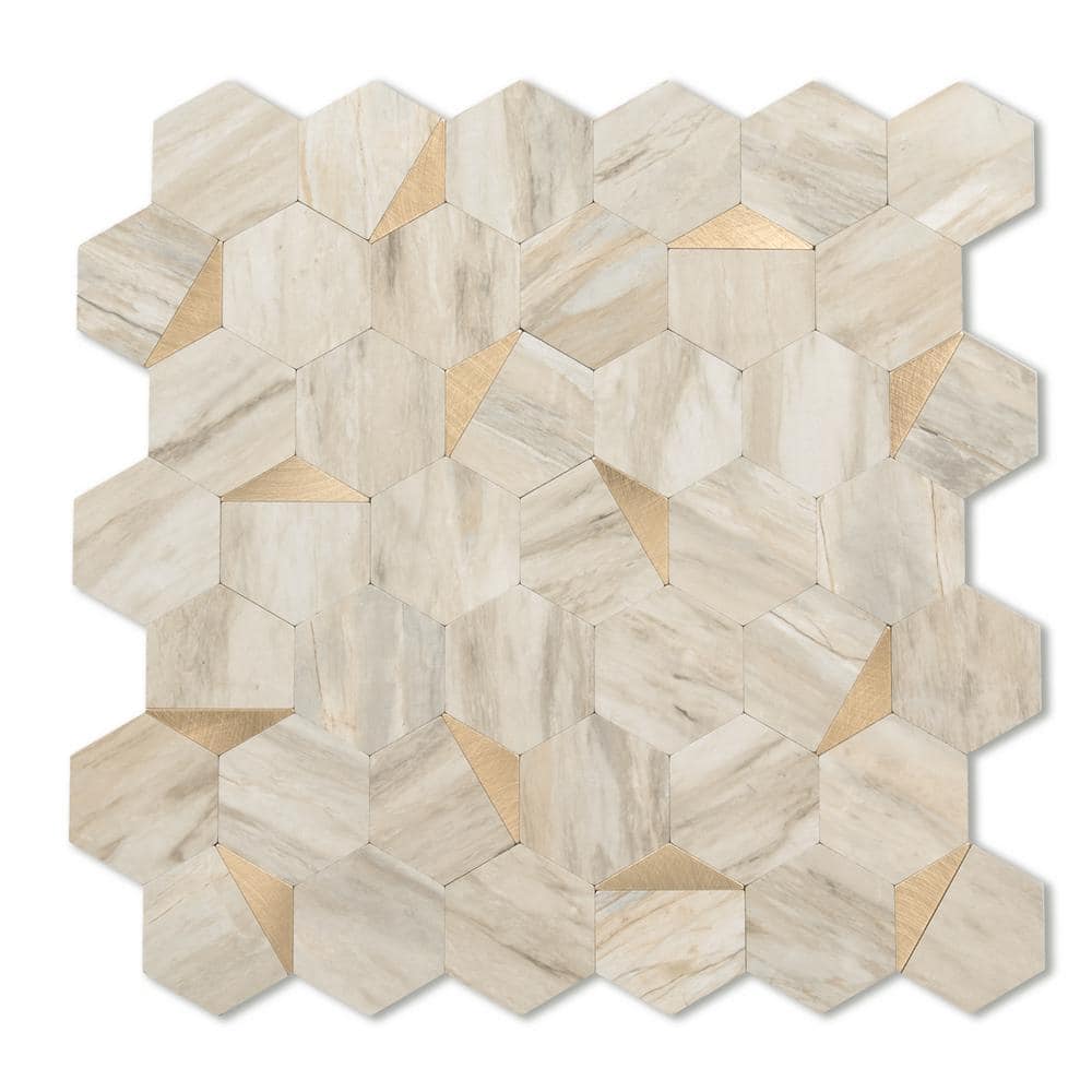 Yipscazo Hexagon Beige Marble Mixed Metal 12 in. x 12 in. PVC Peel and ...