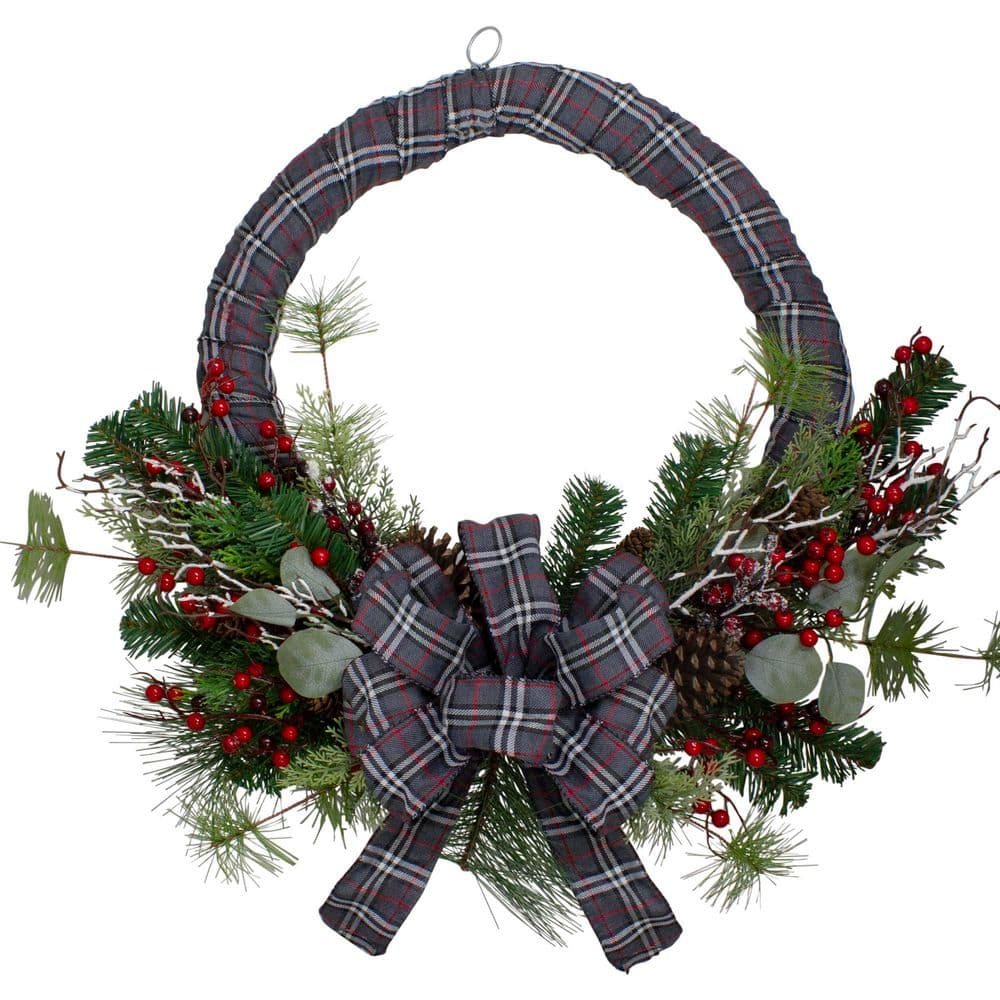 Northlight 24 in. Unlit Gray and Red Plaid Artificial Christmas Wreath ...