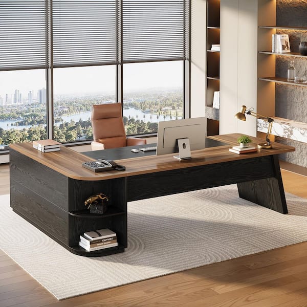 TRIBESIGNS WAY TO ORIGIN Halseey 79 in. L Shaped Walnut and Black Wood ...