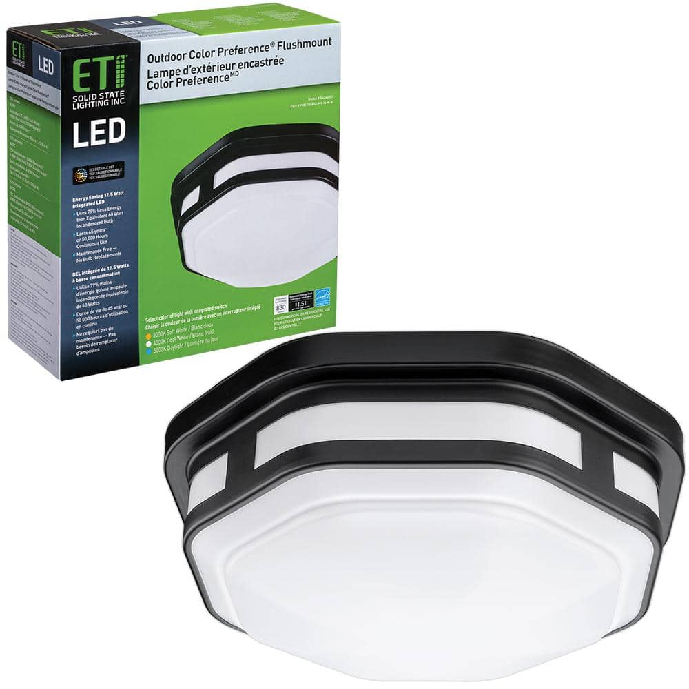 ETI LIGHTING 11 in. Octagon Black Indoor Outdoor LED Flush Mount 830 Lumens Wet Rated Adjustable ...