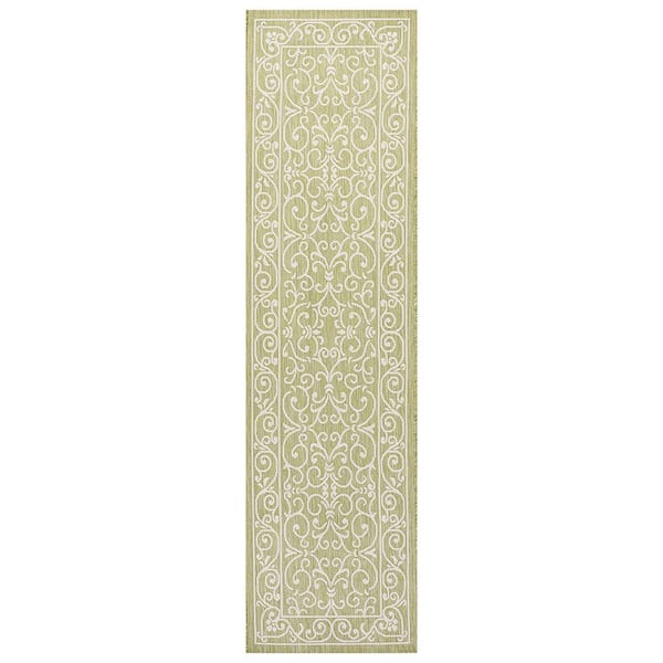 Green Polypropylene 2 ft. x 10 ft. Floral Indoor Runner Rug A46A1-rug ...