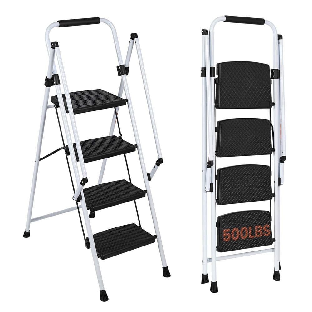 WRIGHTMASTER 4-Step Carbon Steel Folding Step Ladder (9 ft. Reach), 500 ...