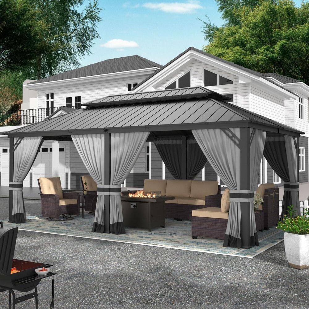 Halmuz 20 ft. x 12 ft. Gray Metal Hardtop Gazebo with Double Roof ...